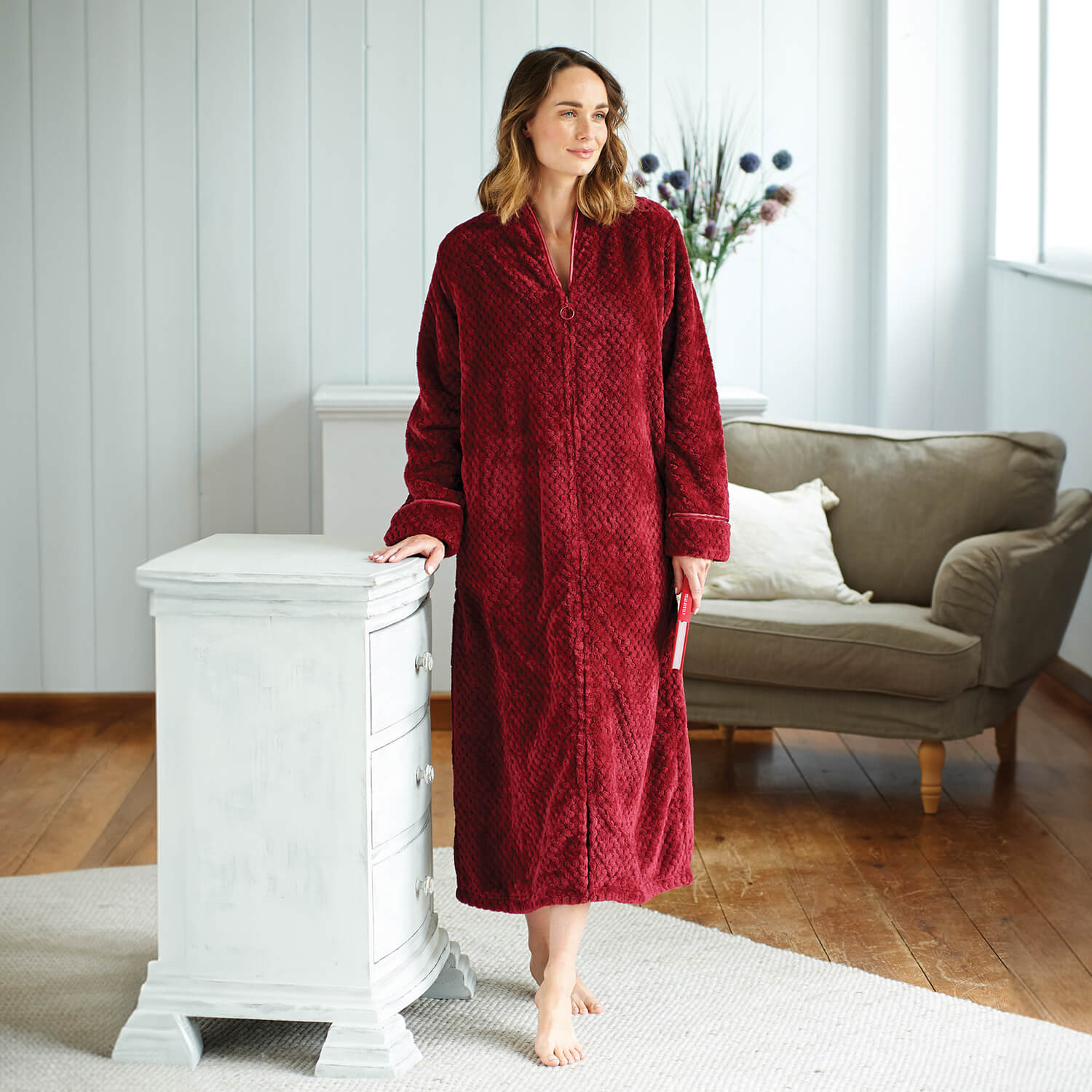 Burgundy Waffle Velour Housecoat | Coopers Of Stortford
