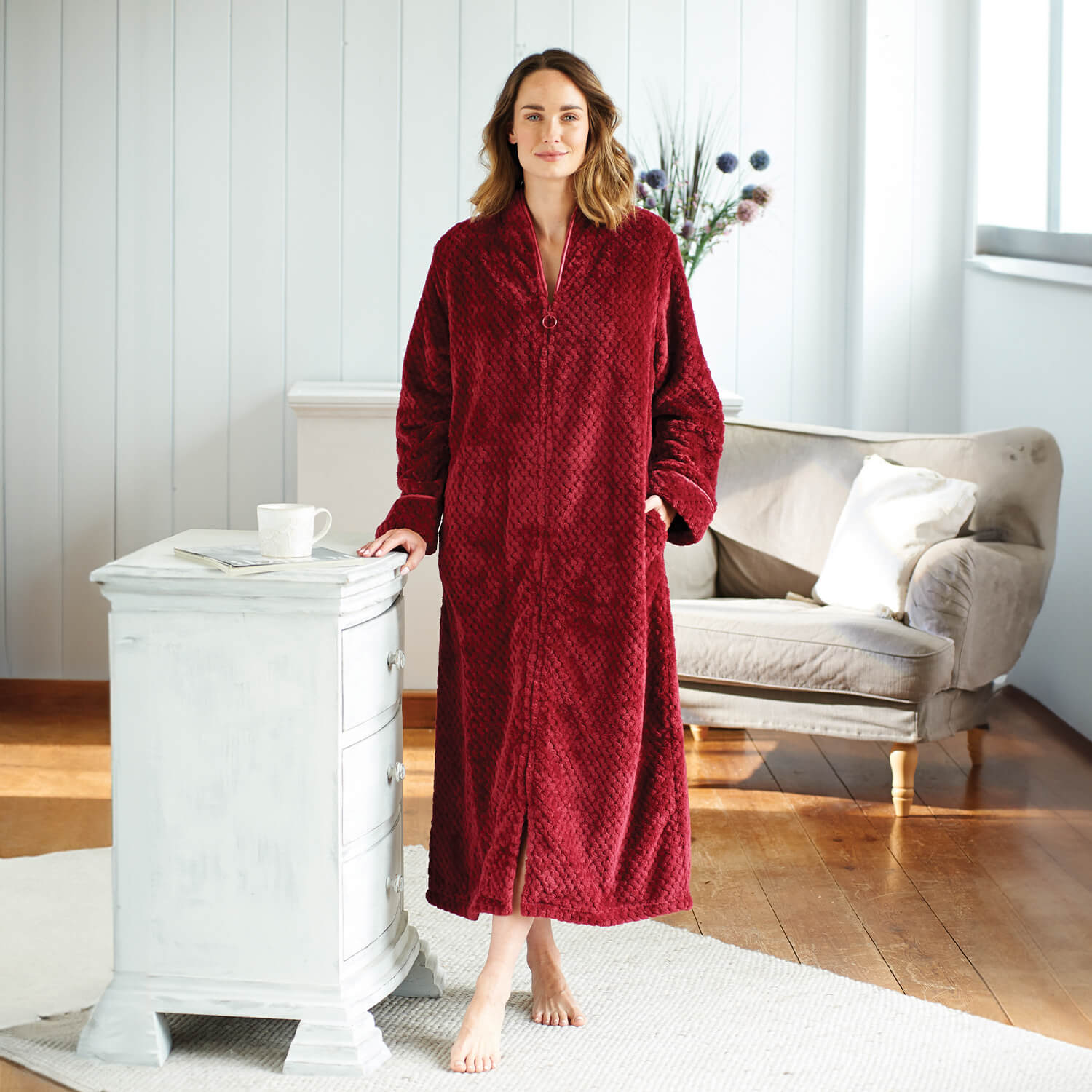 Burgundy Waffle Velour Housecoat | Coopers Of Stortford