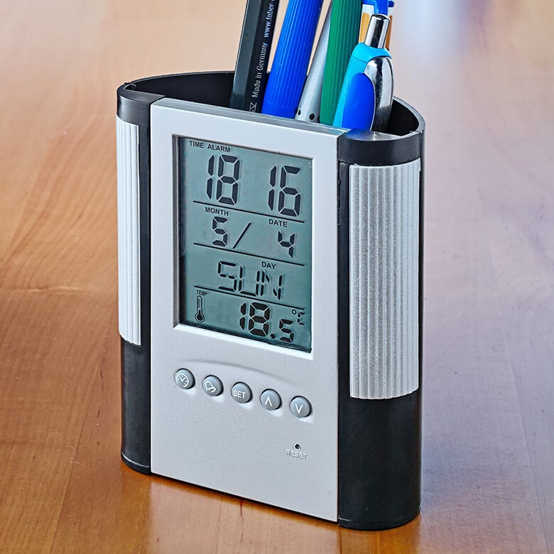 Pen Holder with LCD Alarm Clock | Coopers Of Stortford