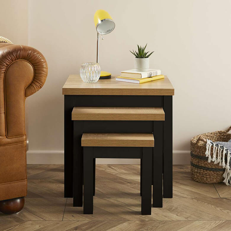 Linwood Set Of 3 Nested Tables - Black And Oak Effect | Living Room ...