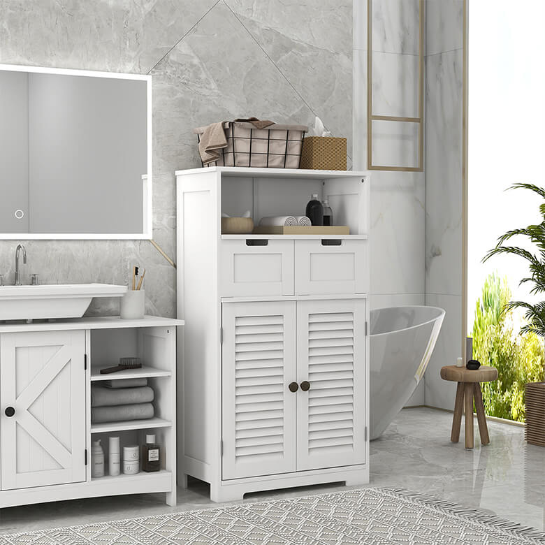 Free Standing Bathroom Storage Cabinet with Louvred Doors - White ...
