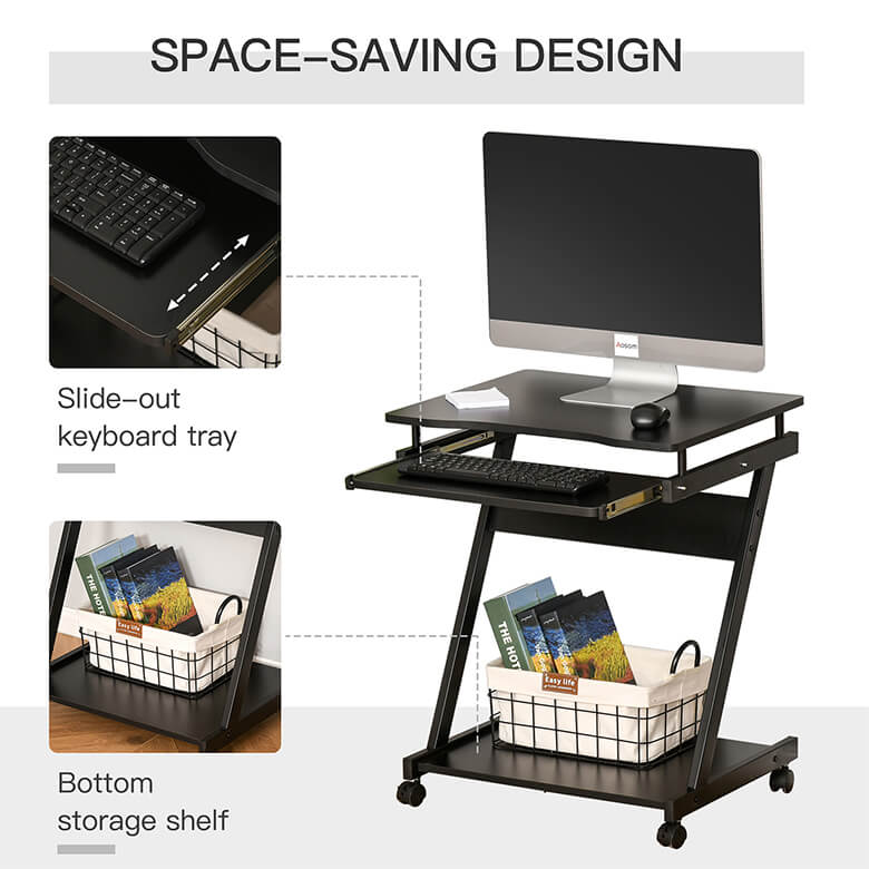 Computer Desk with Sliding Keyboard Tray Wheels Black Coopers Of Stortford