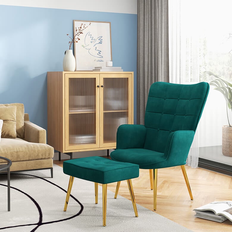 Button Tufted Armchair with Footstool Green Coopers Of Stortford