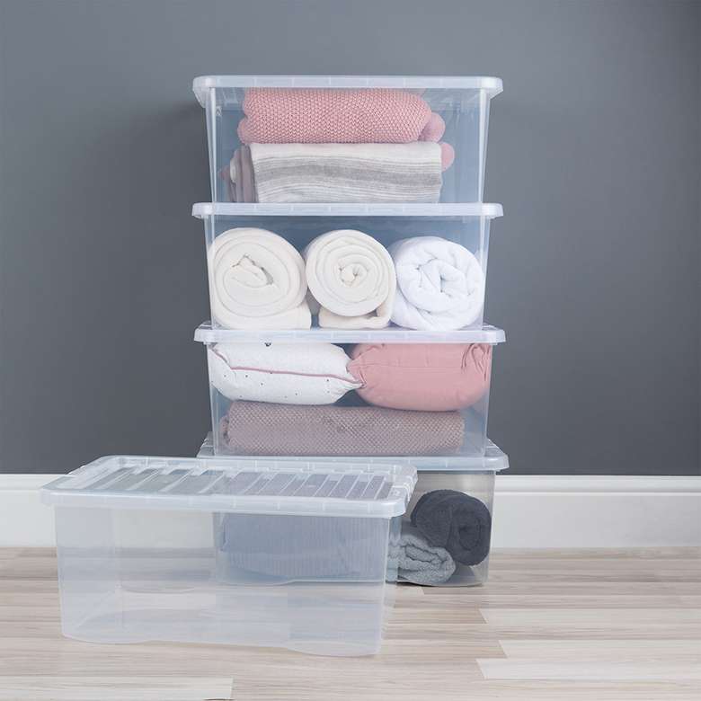 Pack of 5 - 45L Crystal Plastic Storage Boxes With Lids - Clear ...